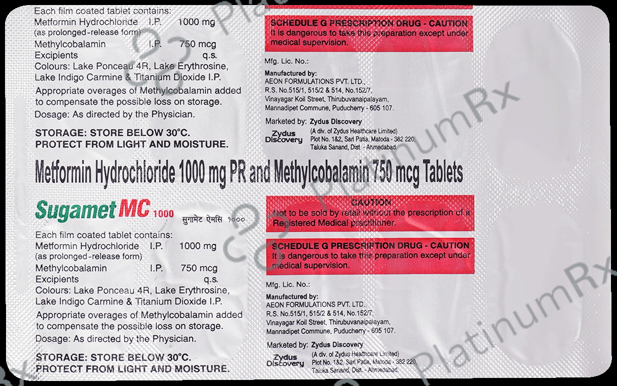 Sugamet MC 1000/750mcg Tablet PR 10s | Uses, Price & Substitutes