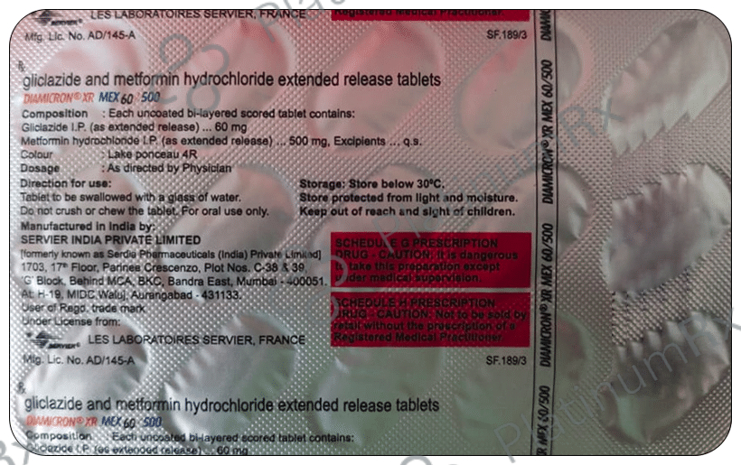 Diamicron Mex 60/500mg Tablet XR 15s - Save 74% on Substitute Medicine