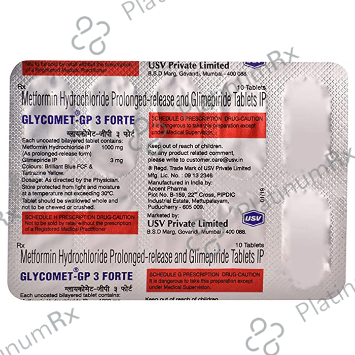 Glycomet GP 3/1000mg Forte Tablet PR 10s | Uses, Price & Substitutes