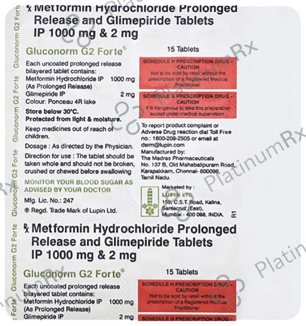 Gluconorm G2 Forte 2/1000mg Tablet PR 15s | Uses, Price & Substitutes