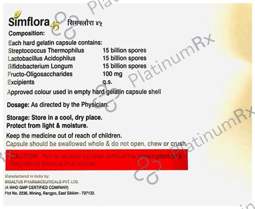 Simflora 45 Capsule 10s - Save 54% on Substitute Medicine